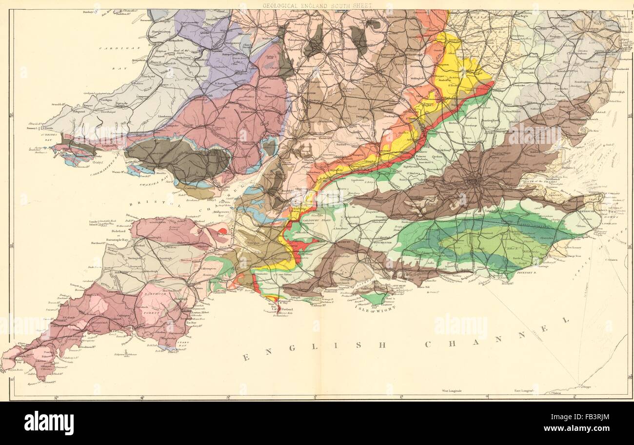 GEOLOGICAL ENGLAND & WALES (South sheet): Antique map by GW BACON, 1883 ...