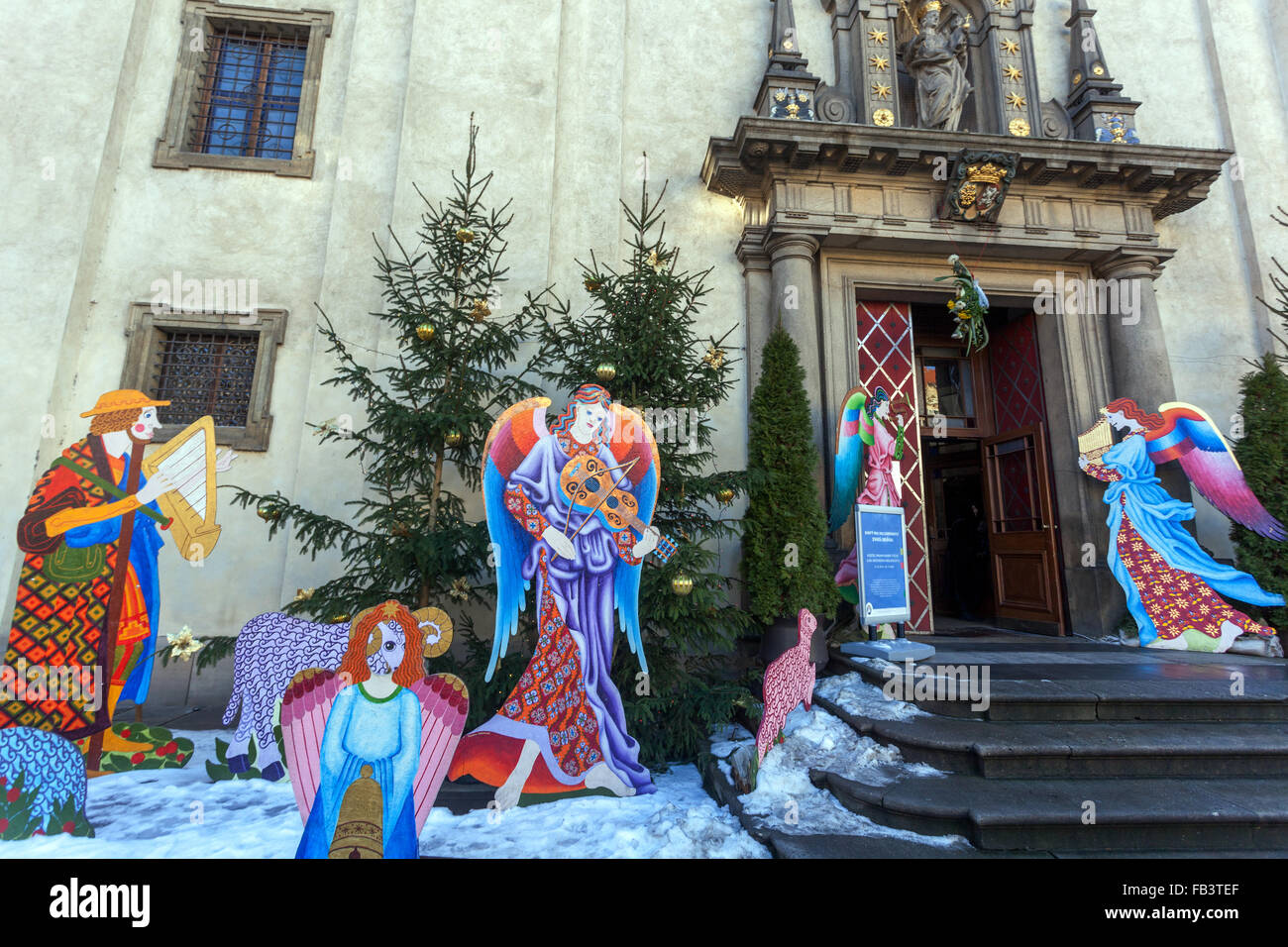 Prague Christmas nativity scene church outside entrance to the Church ...