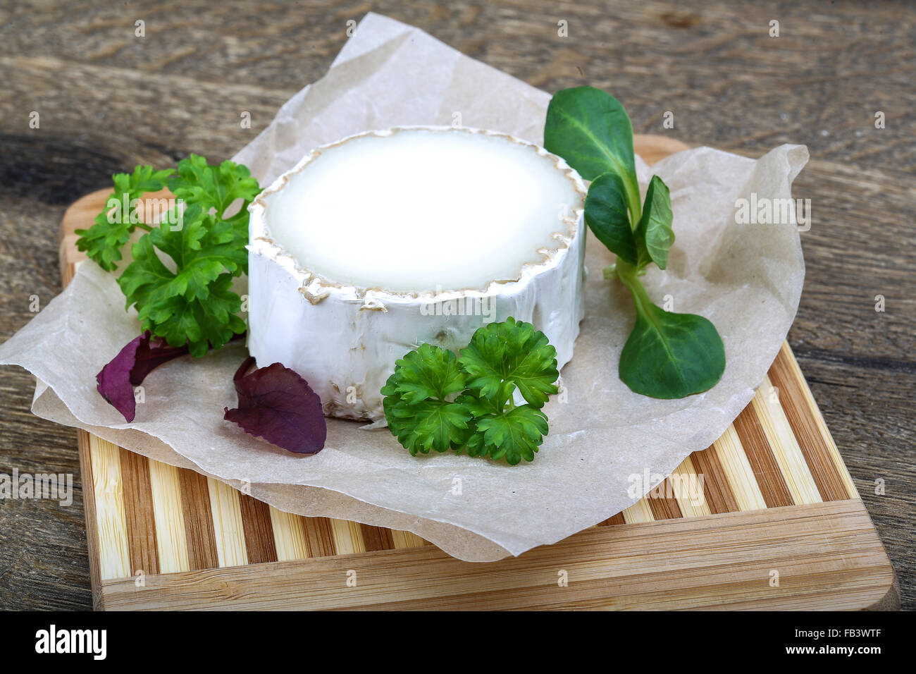 Goat cheese with white mold served parsley leaves Stock Photo - Alamy