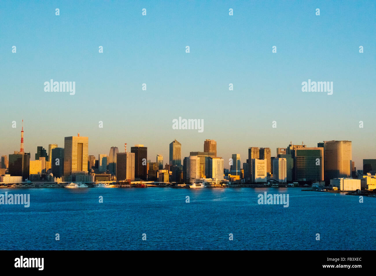 High rises along the waterfront in Tokyo Harbor at dawn, Tokyo, Japan ...