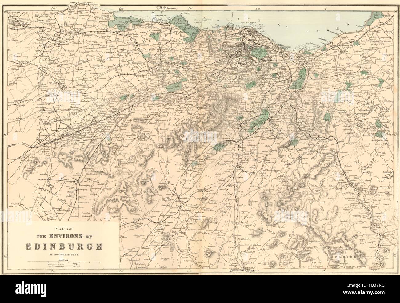 EDINBURGH & ENVIRONS: West Lothian Midlothian. Antique map by GW BACON ...