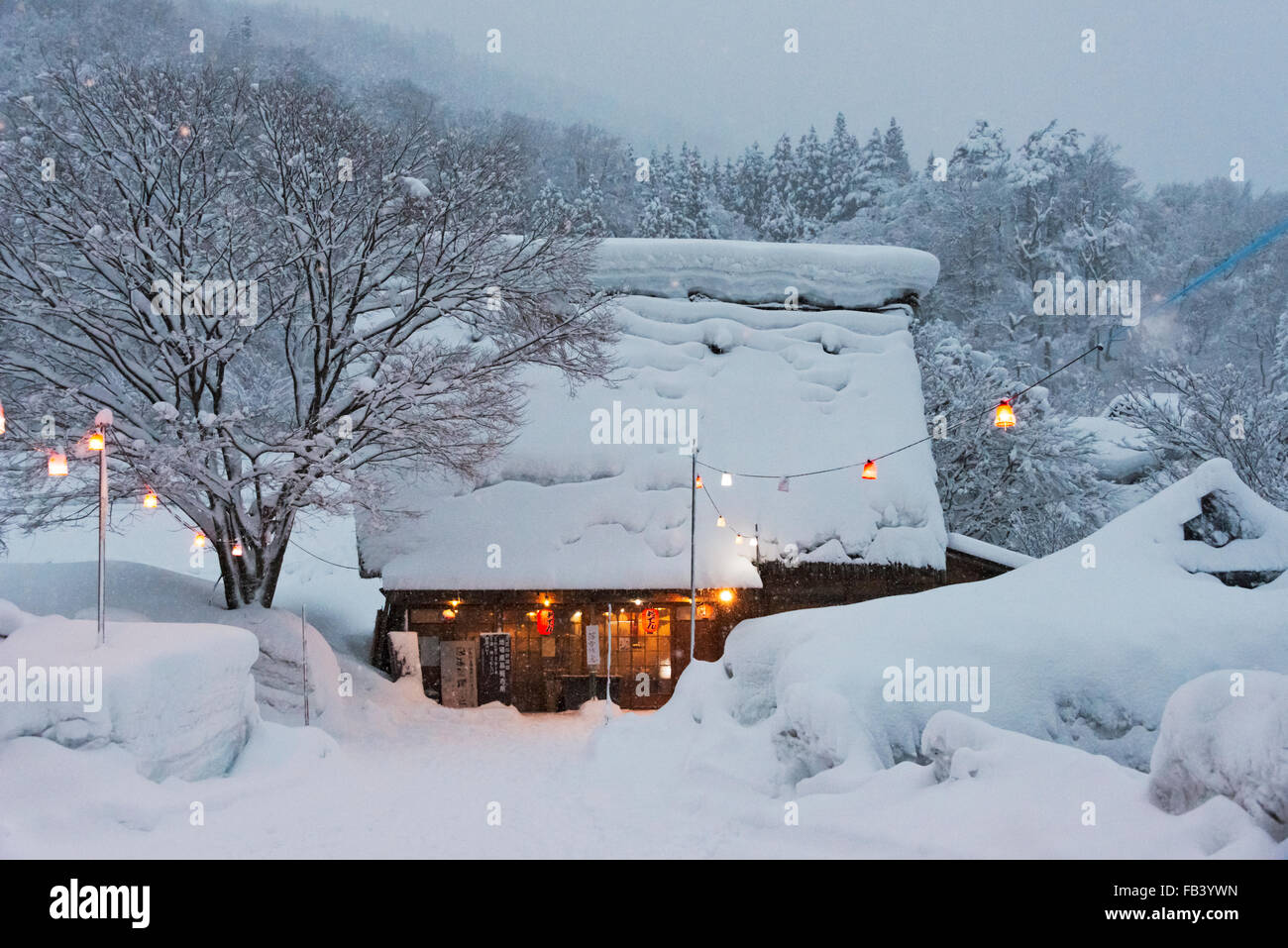 Gassho-zukuri houses in snow storm, Shirakawa-go, Gifu Prefecture ...