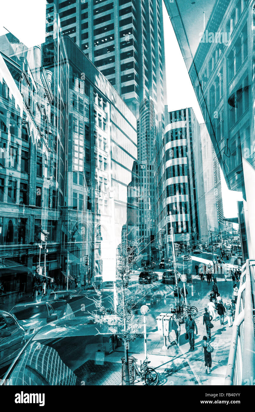 Double exposure, reflections in buildings and in the streets of Toronto ...