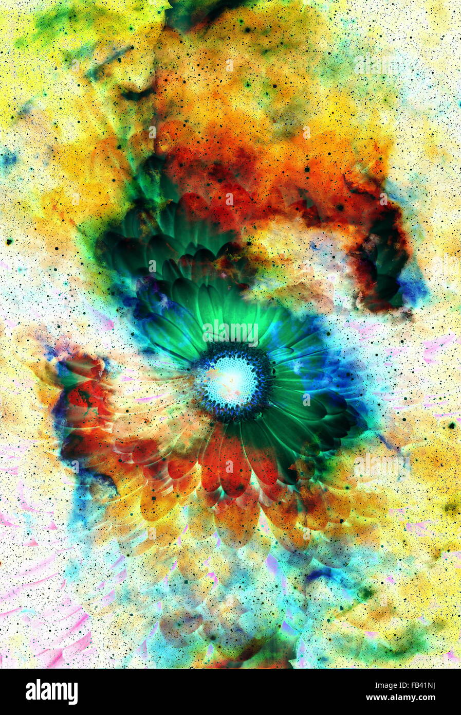 Space and stars with flower, color galaxi background, computer collage ...