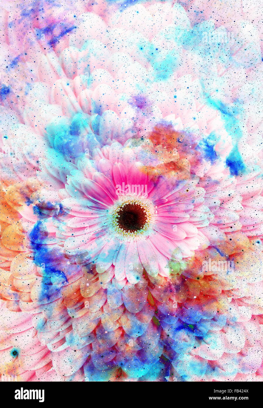 Space and stars with flower, color galaxi background, computer collage ...