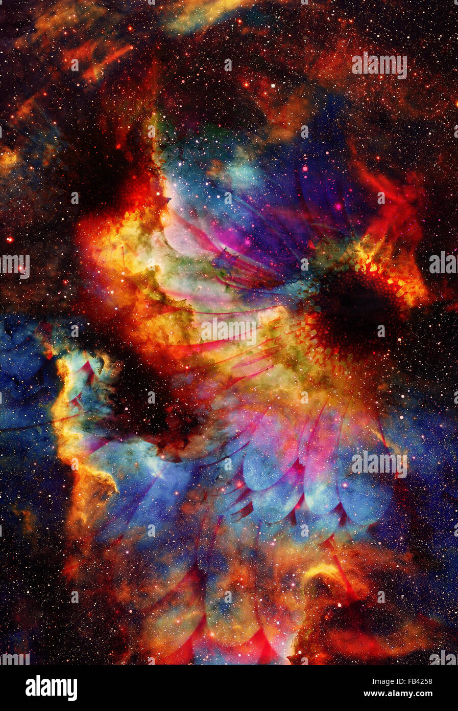 Space and stars with flower, color galaxi background, computer collage ...