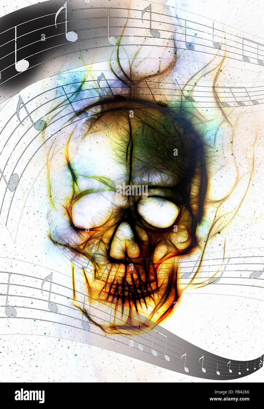 Skull and music note. Skull in fire flames. Color abstract background ...