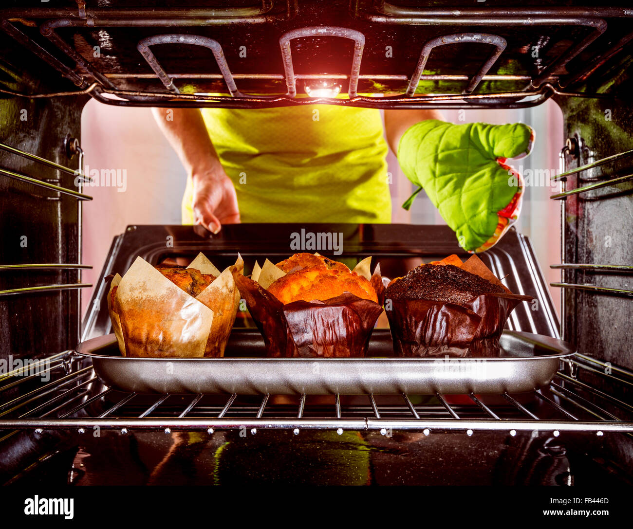 Baking muffins in the oven, view from the inside of the oven. Cooking ...