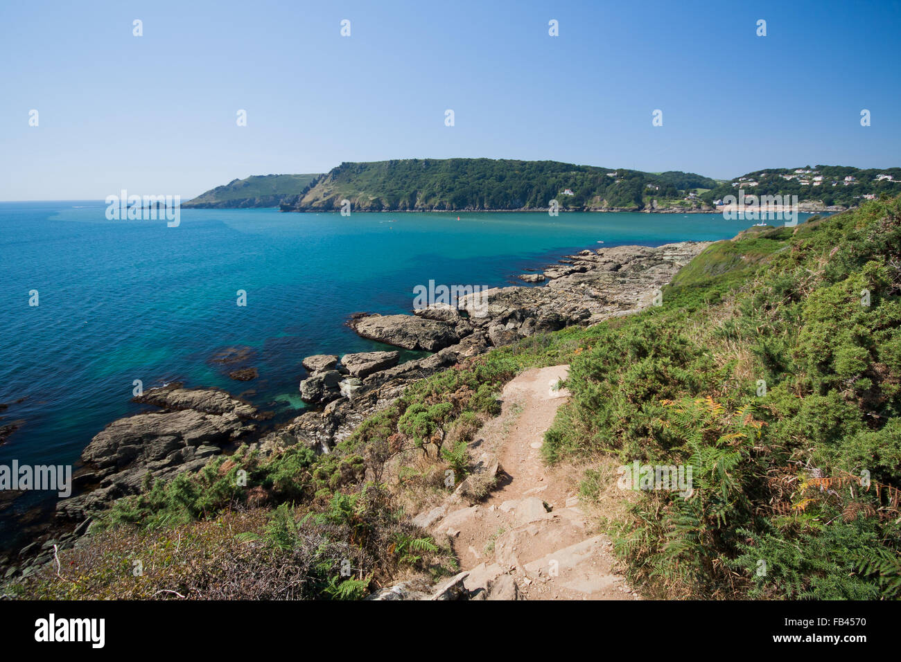 South West Devon Coast Path with stunning view across aqua-marine ocean ...