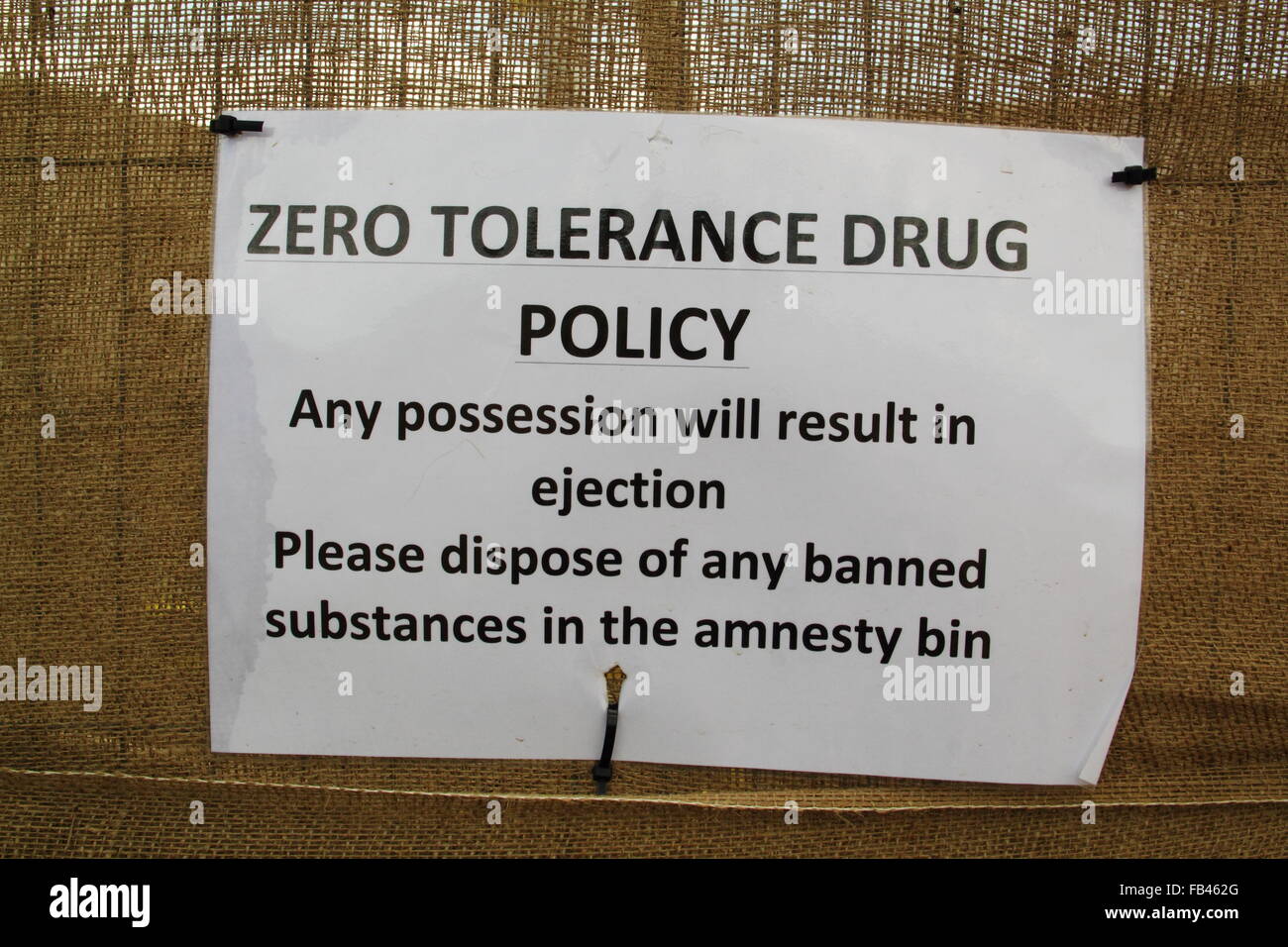 A sign warns festival goers of the 'zero tolerance drugs policy' at the ...