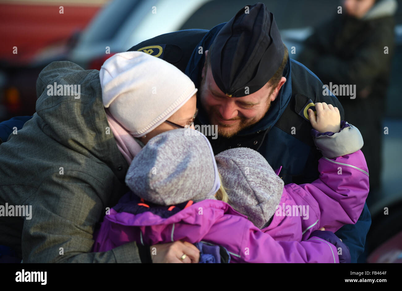 Wilhelmshaven, Germany. 09th Jan, 2016. A member of the crew hugs his ...