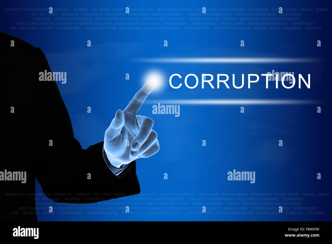 business hand pushing corruption button on a touch screen interface ...