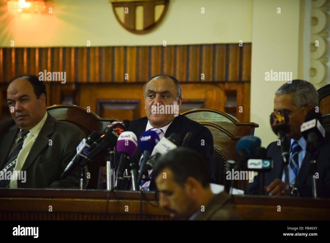 Cairo, Egypt. 9th Jan, 2016. Egyptian Judges attend the trial of ousted ...