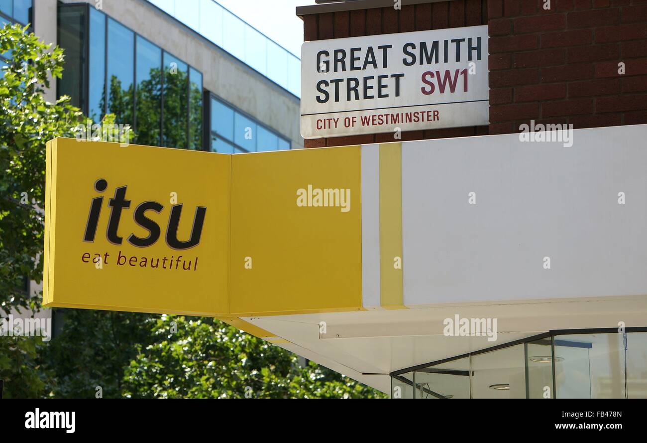 Itsu restaurant street sign outside its restaurant on Great Smith ...