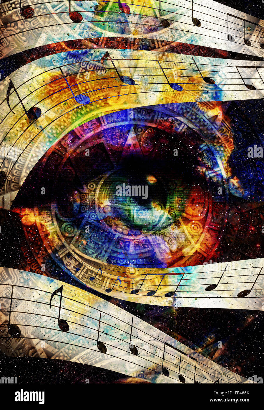 Ancient Mayan Calendar and woman eye with Music note, abstract color ...