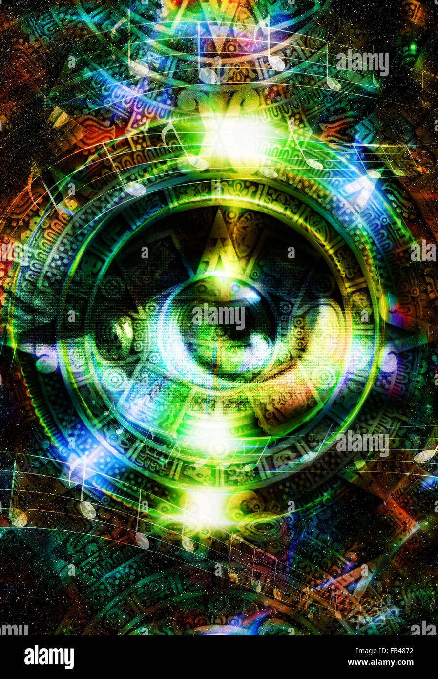 Ancient Mayan Calendar and woman eye with Music note, abstract color ...