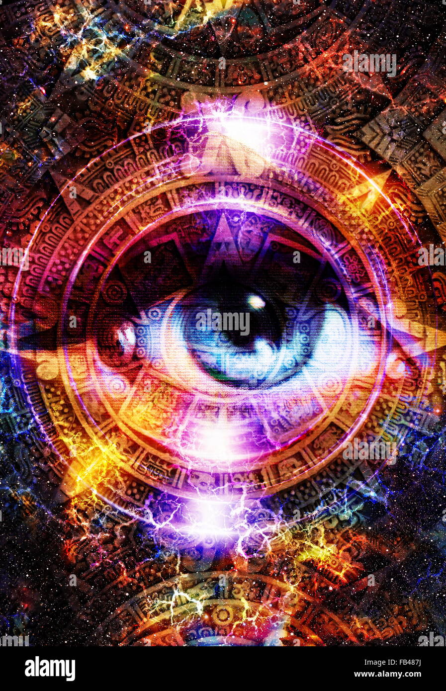 Ancient Mayan Calendar and woman eye, abstract color Background ...