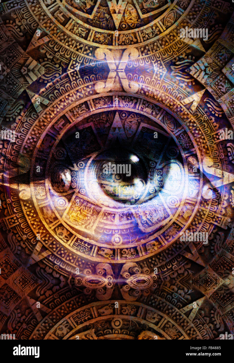 Ancient Mayan Calendar and woman eye, abstract color Background ...