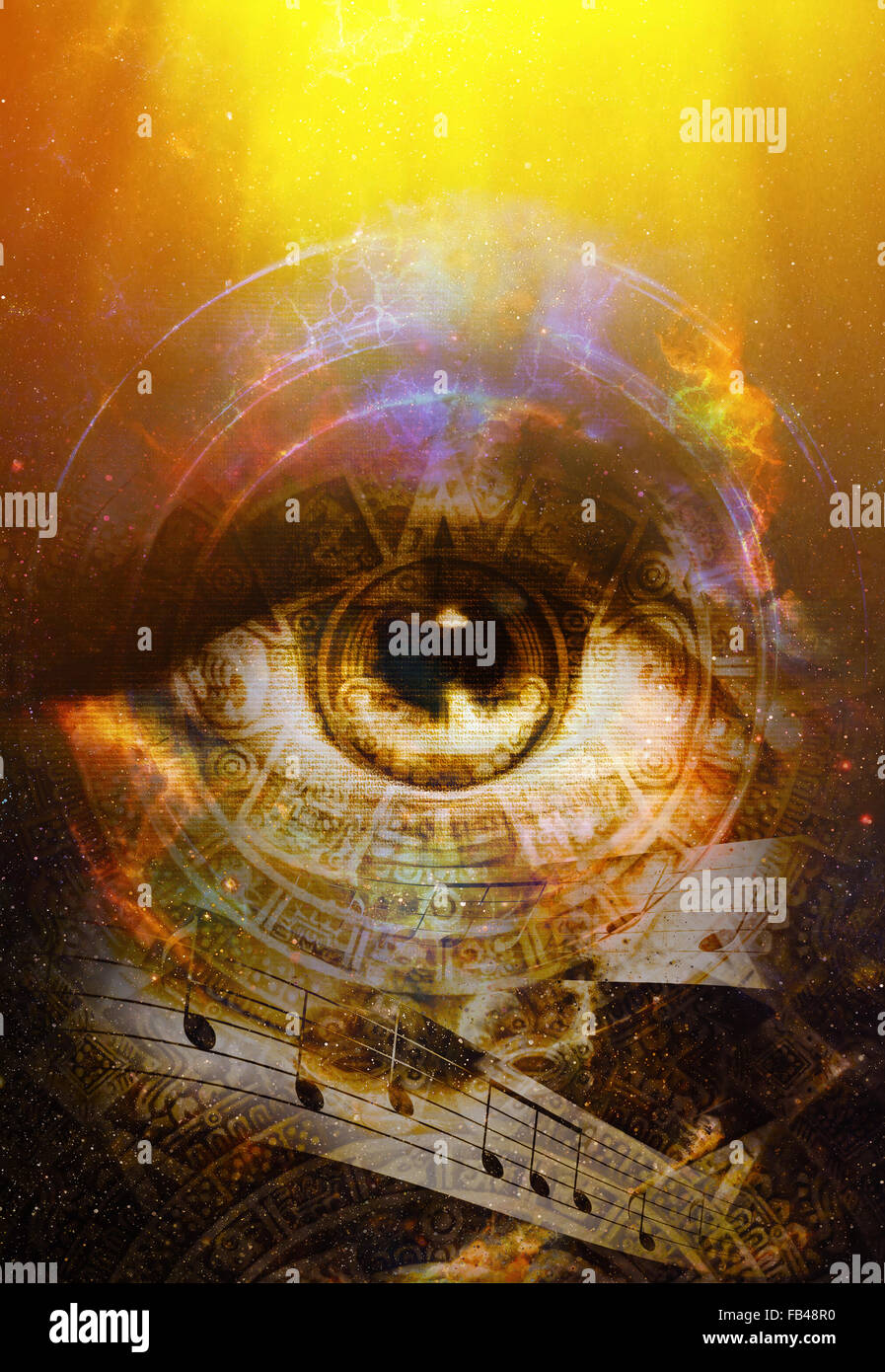 Ancient Mayan Calendar and woman eye with Music note, abstract color ...