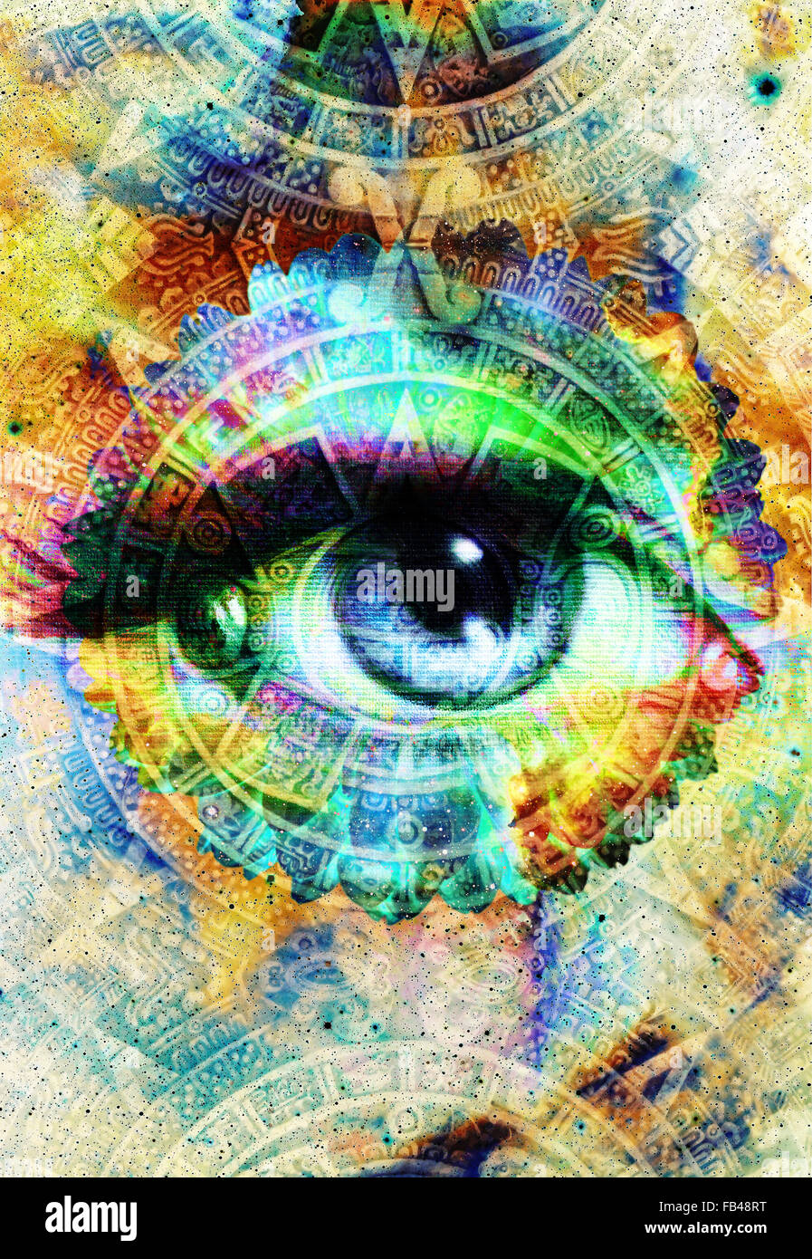 Ancient Mayan Calendar and woman eye, abstract color Background ...