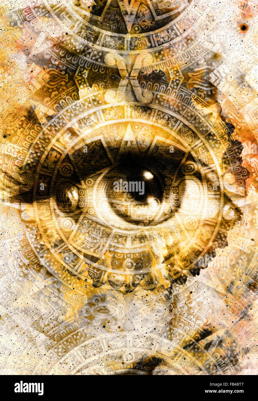 Ancient Mayan Calendar and woman eye, abstract color Background ...