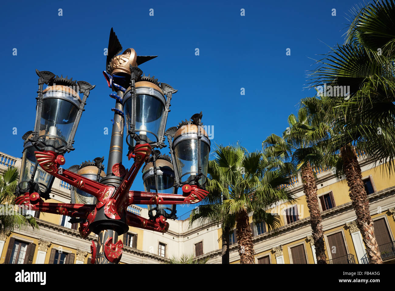 Gaudi designed street light in Placa Reial, Barcelona Stock Photo - Alamy