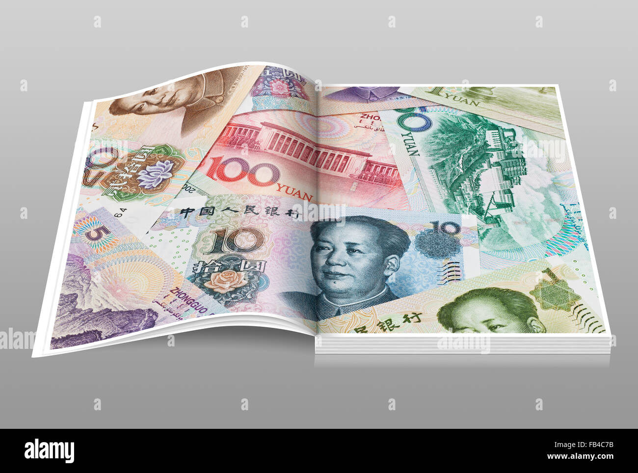Many Yuan bills with the portrait of Mao Zedong lying side by side. The ...