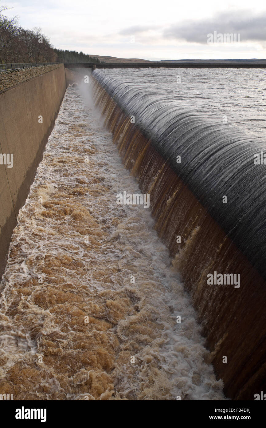 Water cascading over the Kielder Dam spilway, December 2016 ...