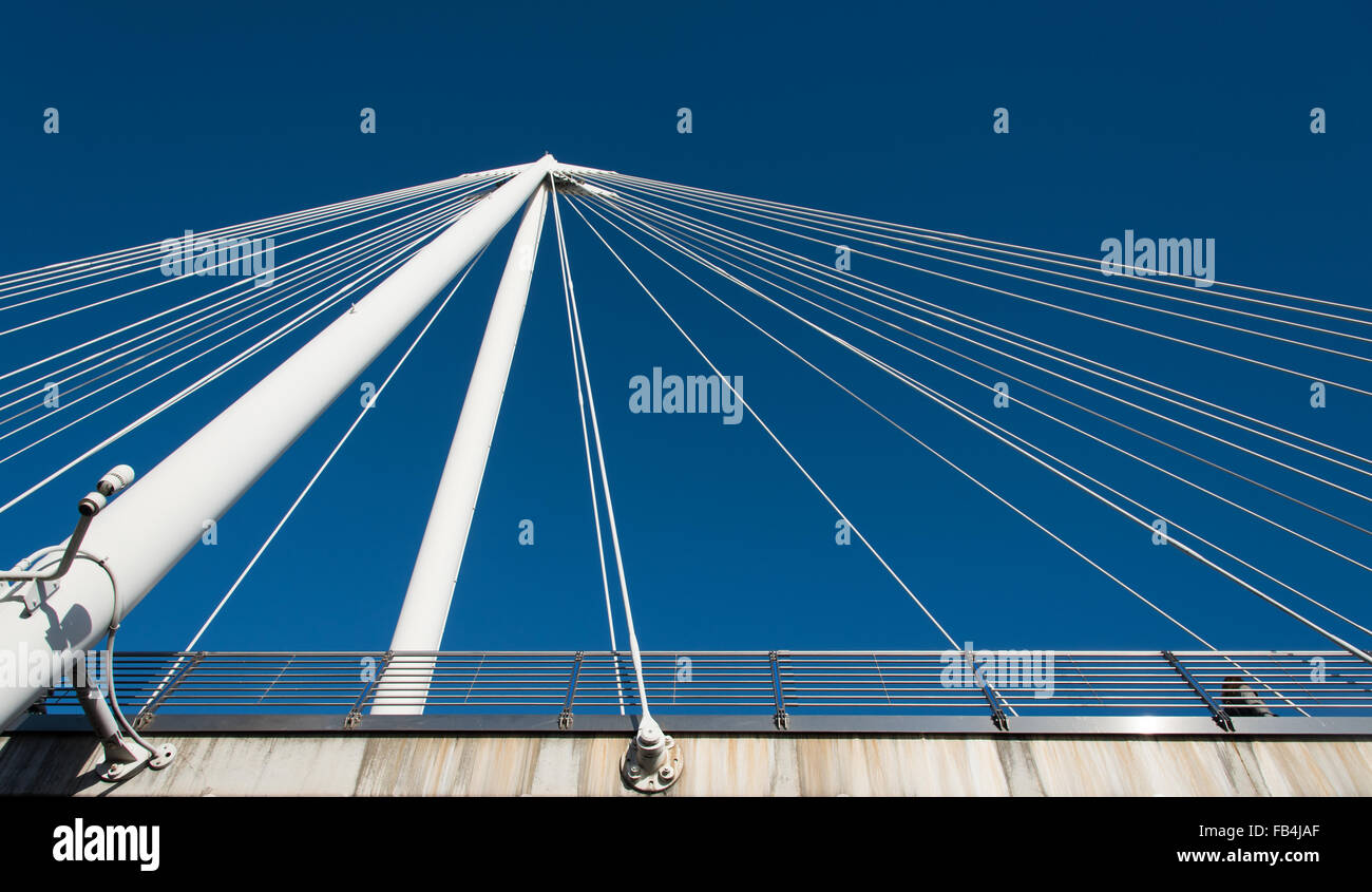 Abstract details of a Modern white suspension Bridge with diagonal ...