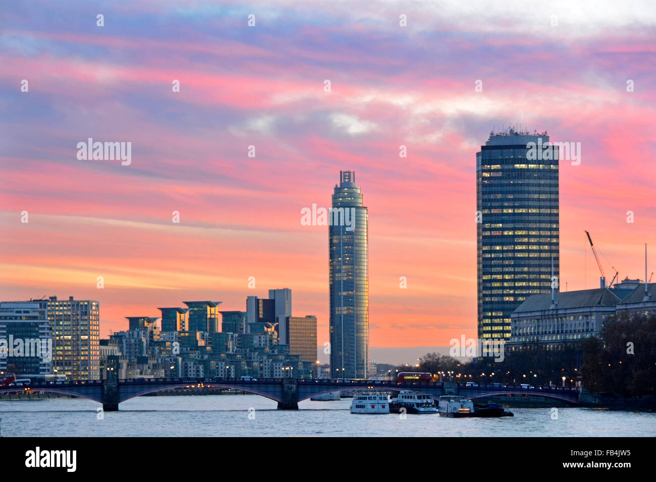 River Thames sunset looking towards Vauxhall Bridge from Westminster ...