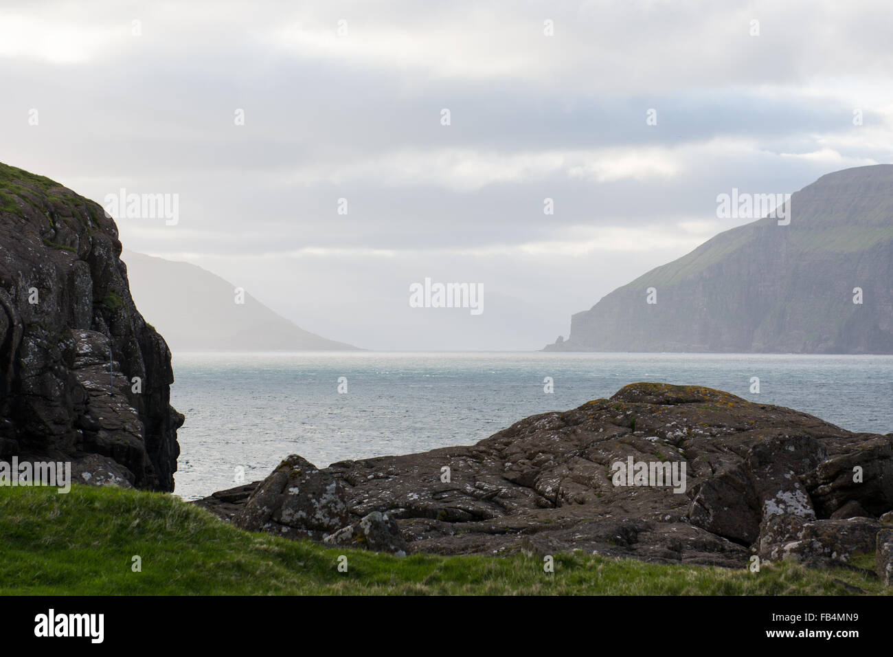 Typical landscape on the Faroe Islands, with green grass, ocean and ...