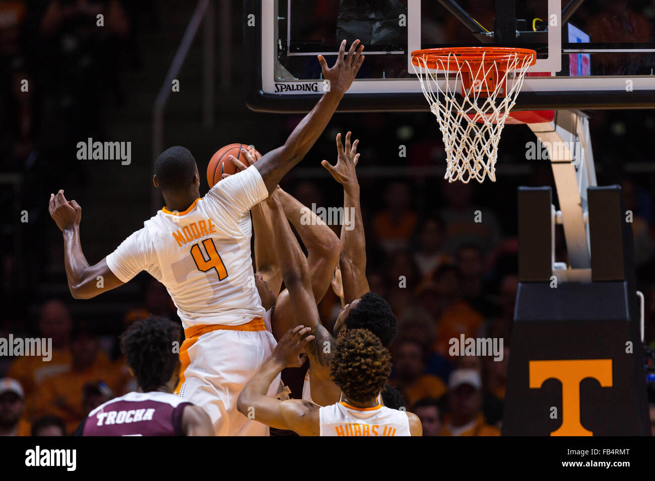 January 9, 2016: Armani Moore #4 of the Tennessee Volunteers blocks a ...