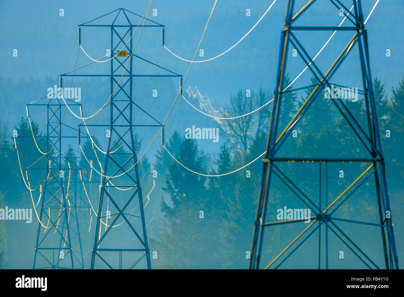 High tension power lines on Vancouver Island Stock Photo - Alamy
