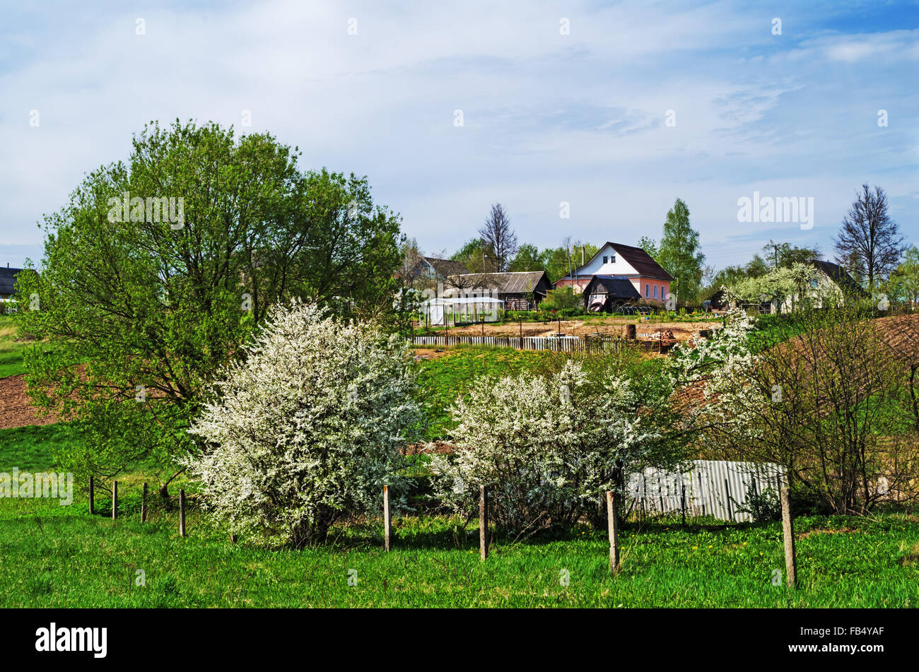 Spring village landscape. Garden Stock Photo - Alamy