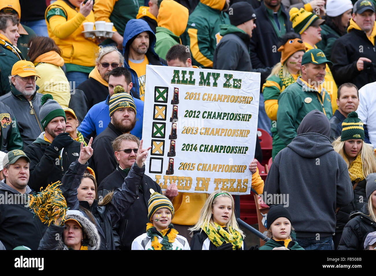 Frisco, Texas, USA. 9th Jan, 2016. A North Dakota State Bison fan holds ...