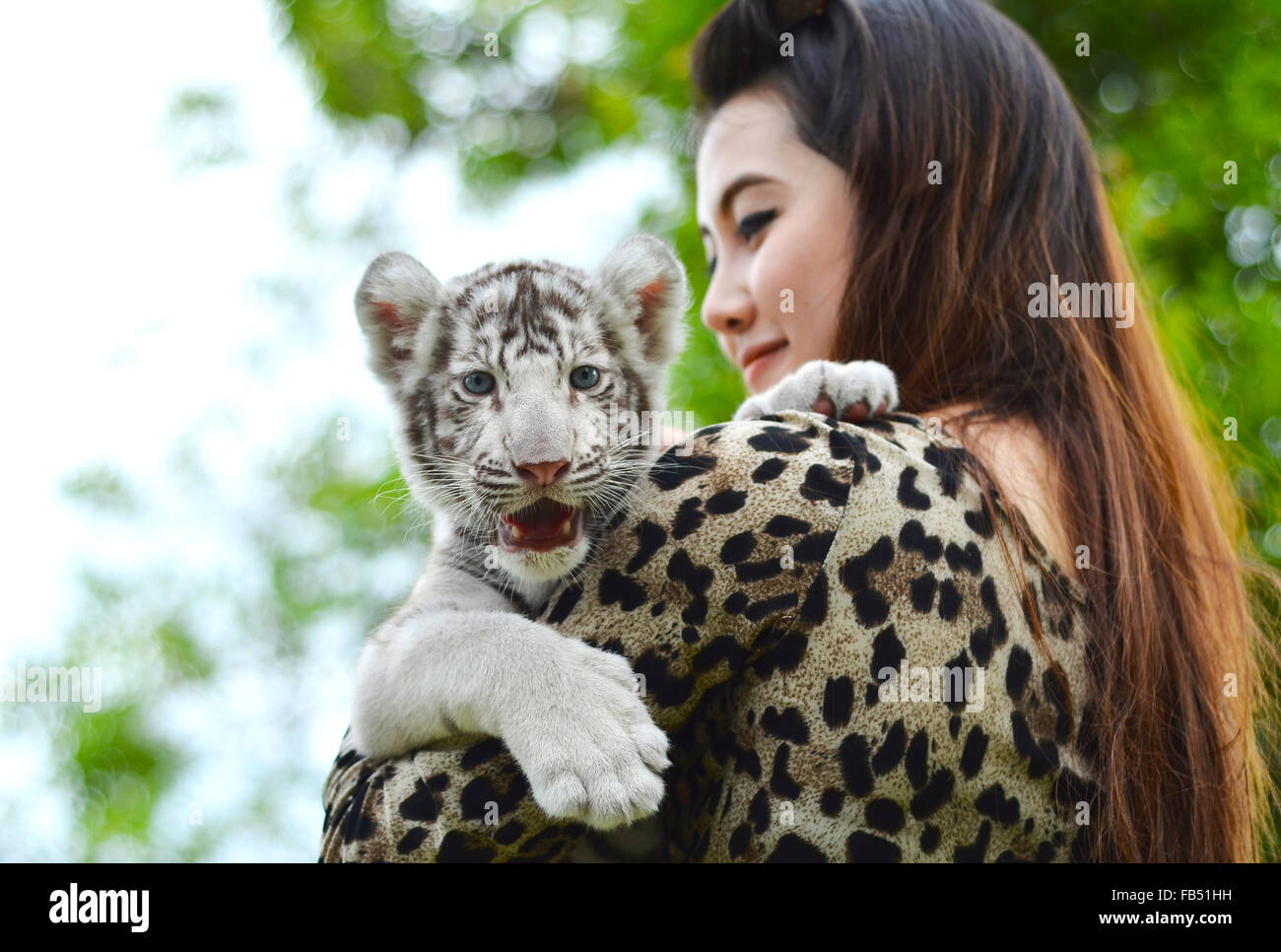 pretty women hold baby white bengal tiger Stock Photo - Alamy