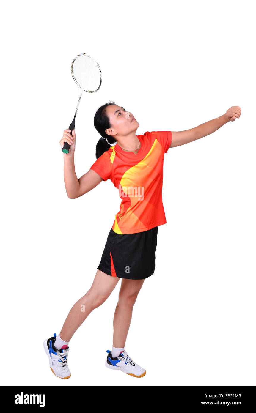 badminton player in action isolated on white background Stock Photo - Alamy