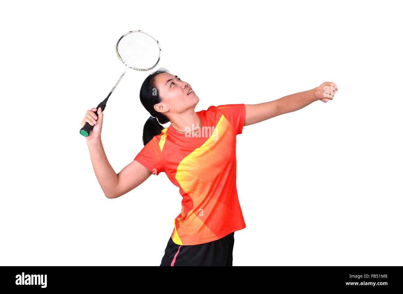 badminton player in action isolated on white background Stock Photo - Alamy