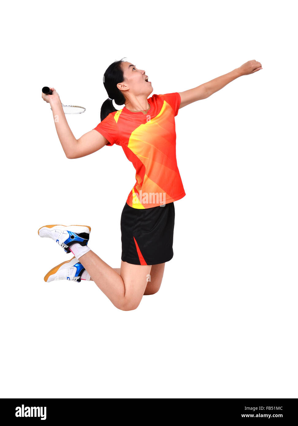 badminton player in action isolated on white background Stock Photo - Alamy