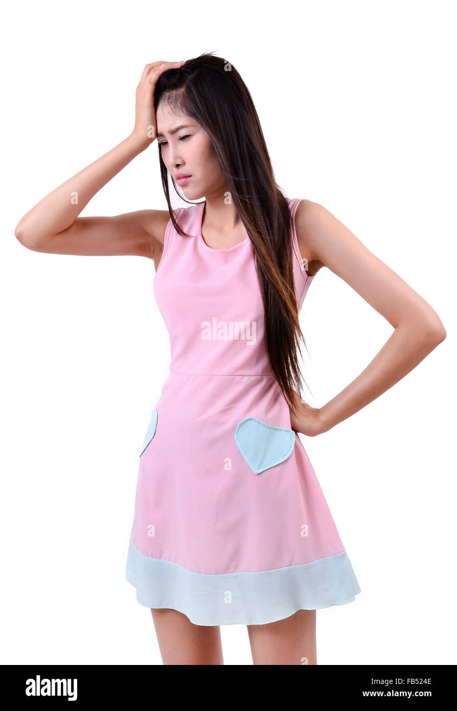 Sad beautiful woman standing against a white background Stock Photo - Alamy