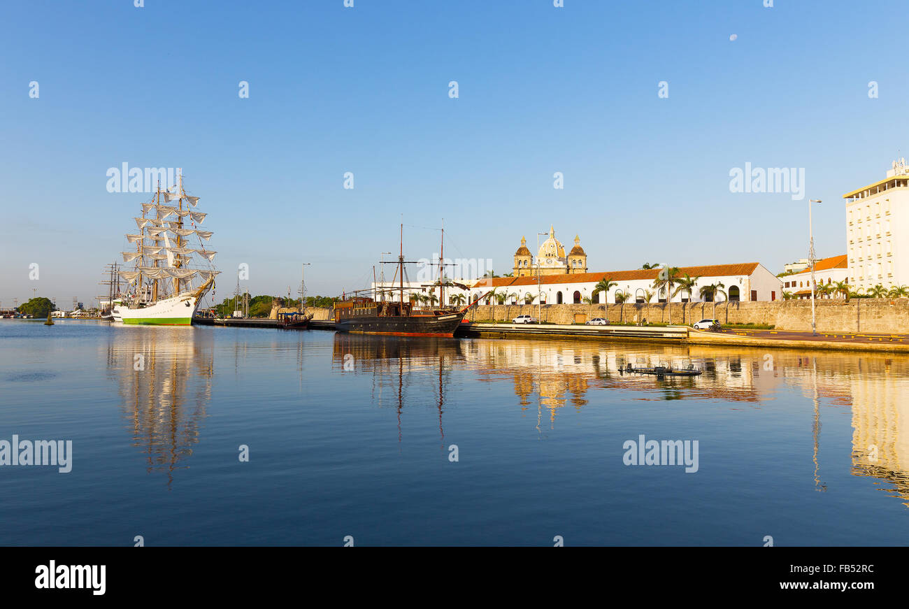 The historic Colombian Tall Ship and old pirate ship moored at the port ...