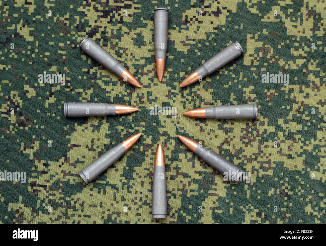 Eight cartridges on the camouflage background bullets oriented inside ...