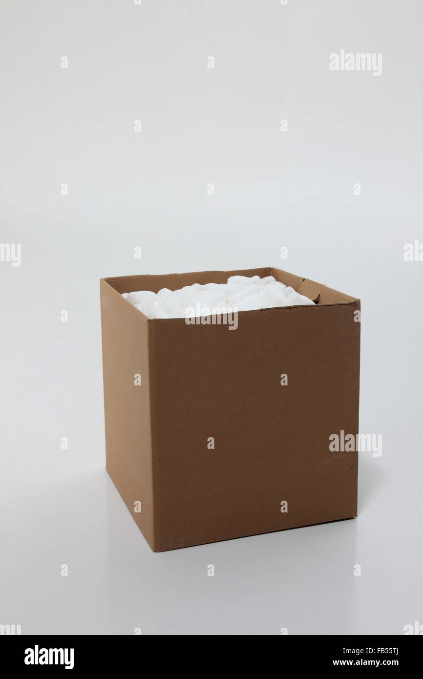 open box with packing 'peanuts' inside on the plain background Stock ...