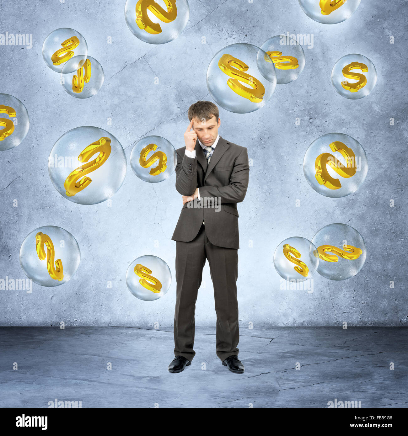 Thinking businessman under money rain Stock Photo - Alamy