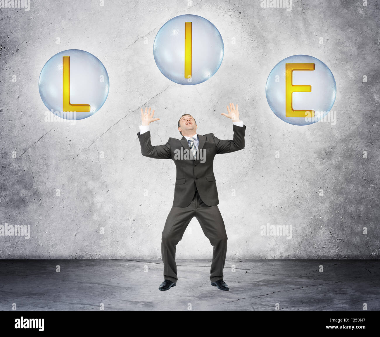 Scared businessman with word lie Stock Photo - Alamy