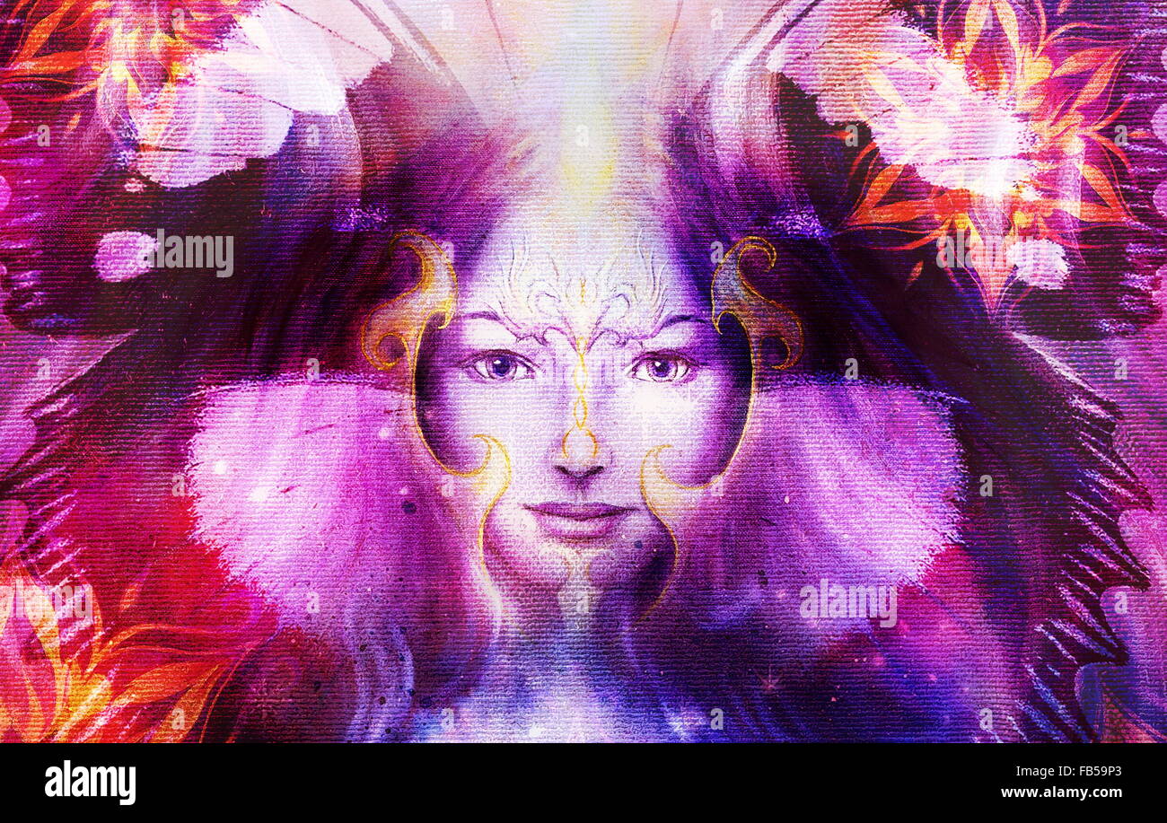 Beautiful Painting Goddess Woman with bird phoenix on your face with ...