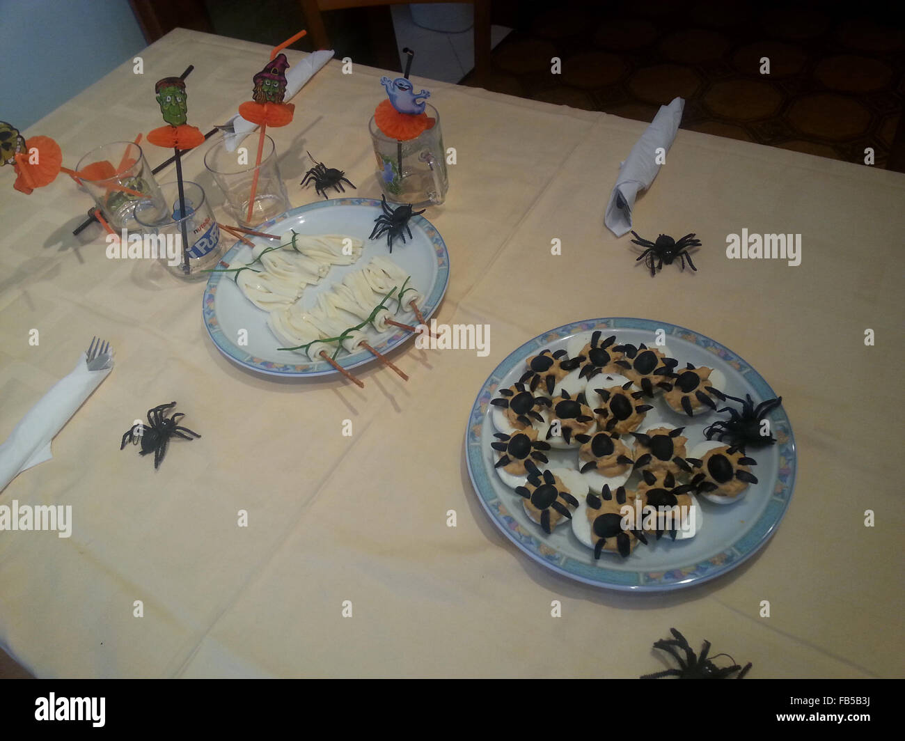 All ready for halloween dinner with cheese broom and eggs with spiders ...