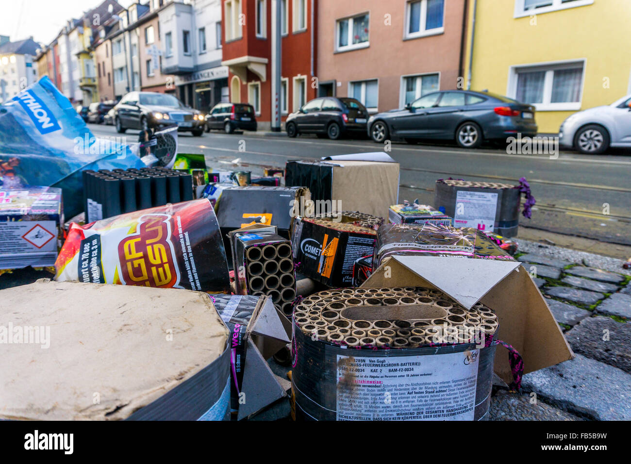 Leftovers from New Years fireworks in the streets of Essen, Germany, on ...