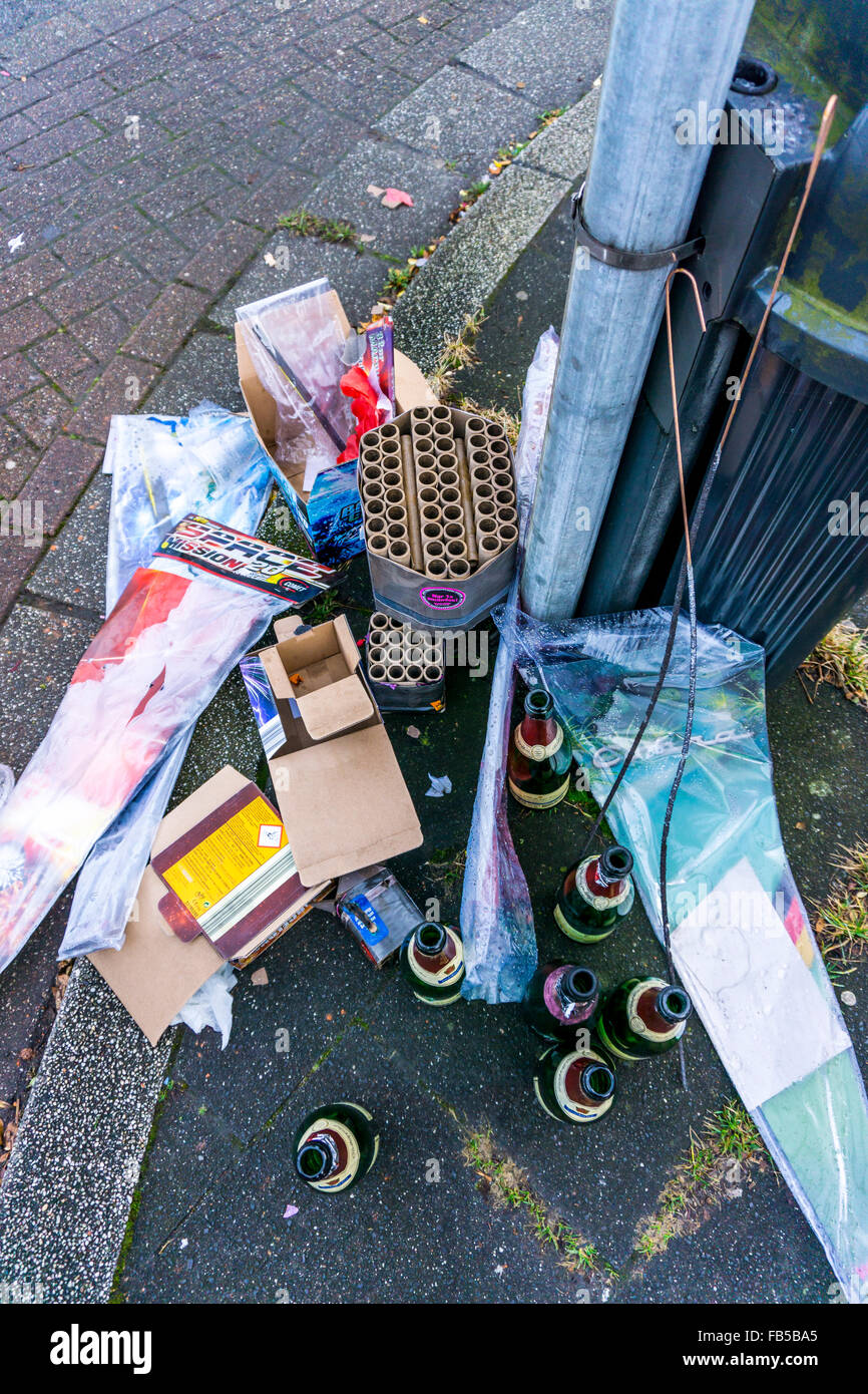 Leftovers from New Years fireworks in the streets of Essen, Germany, on ...