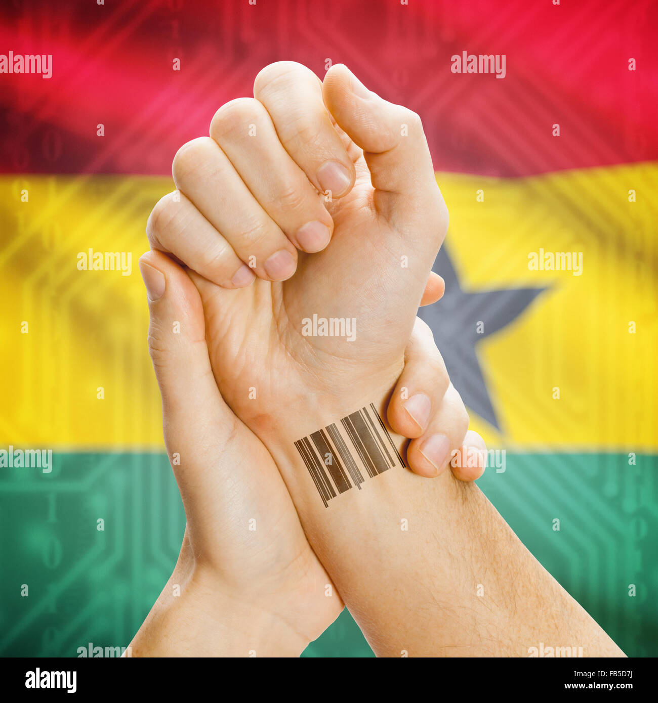 Barcode ID number on wrist of a human and national flag on background ...